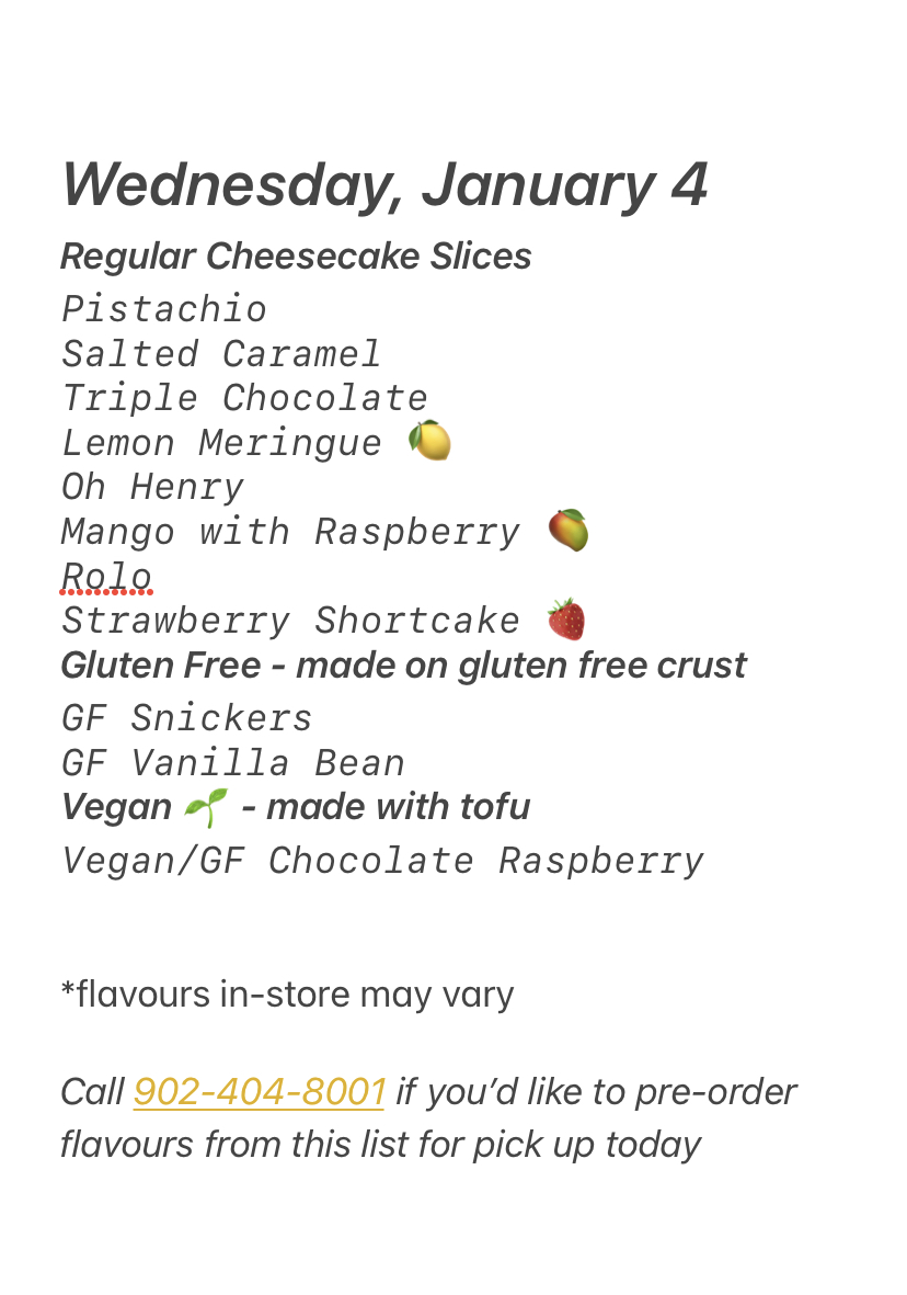 Sweet Hereafter - Cheesecake Menu